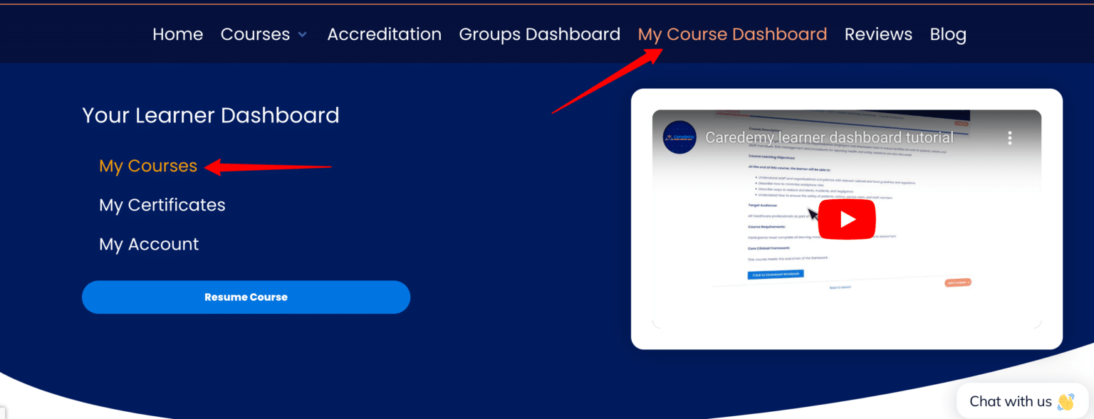 How to start/resume a course - Caredemy