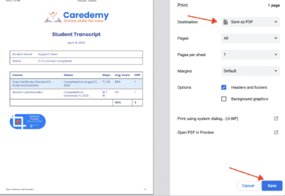 How to View, Download or Print a Certificate and Transcript - Caredemy