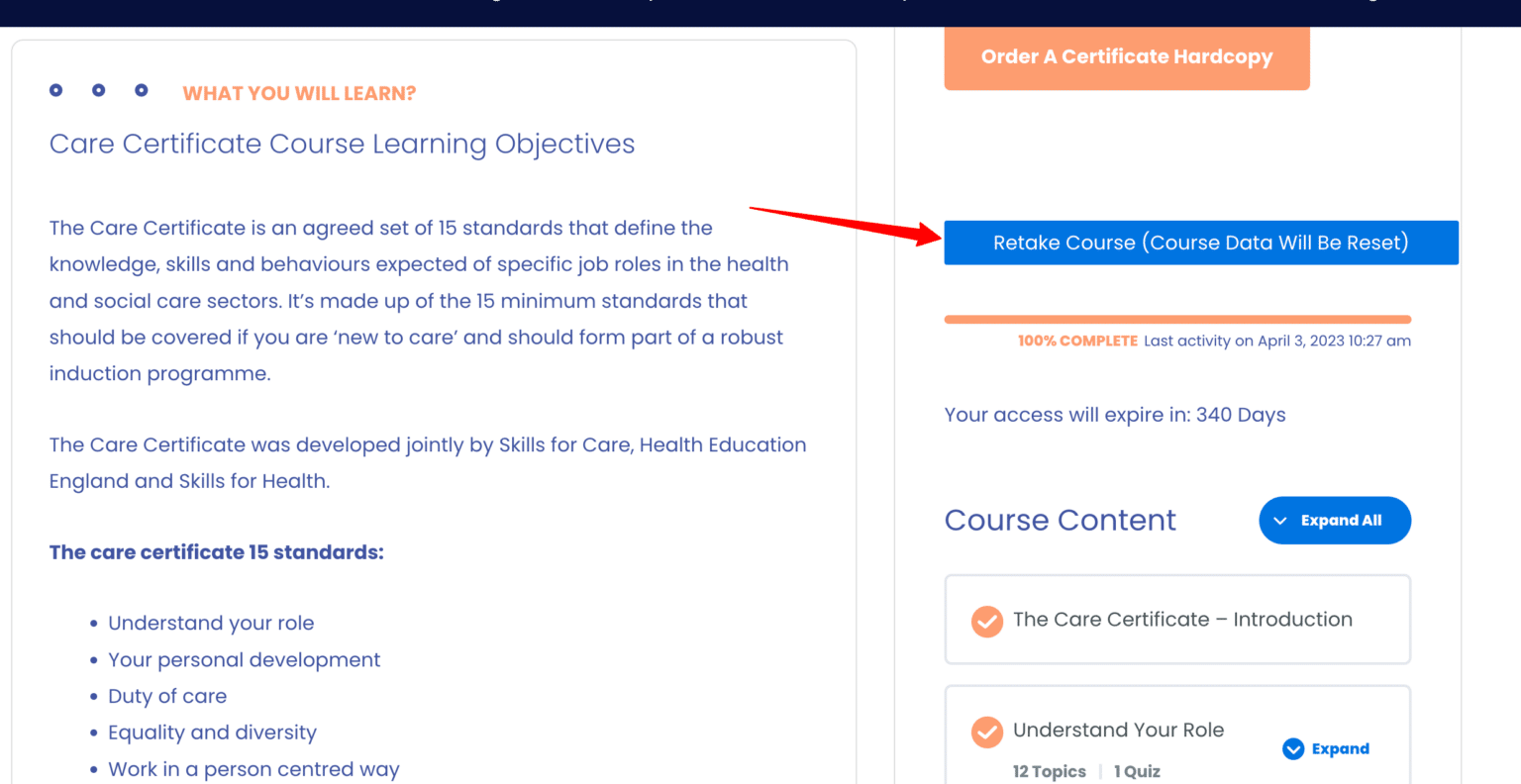 How to retake a course - Caredemy